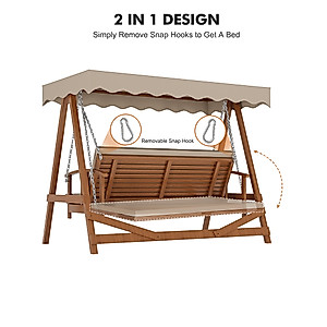 Kybolt Wooden Patio Swing with Adjustable Canopy,3-Seater Wood Patio Swing Bench Bed with Removable Cushion,Patio Swing Glider with Flatbed for Backyard Garden Balcony Poolside