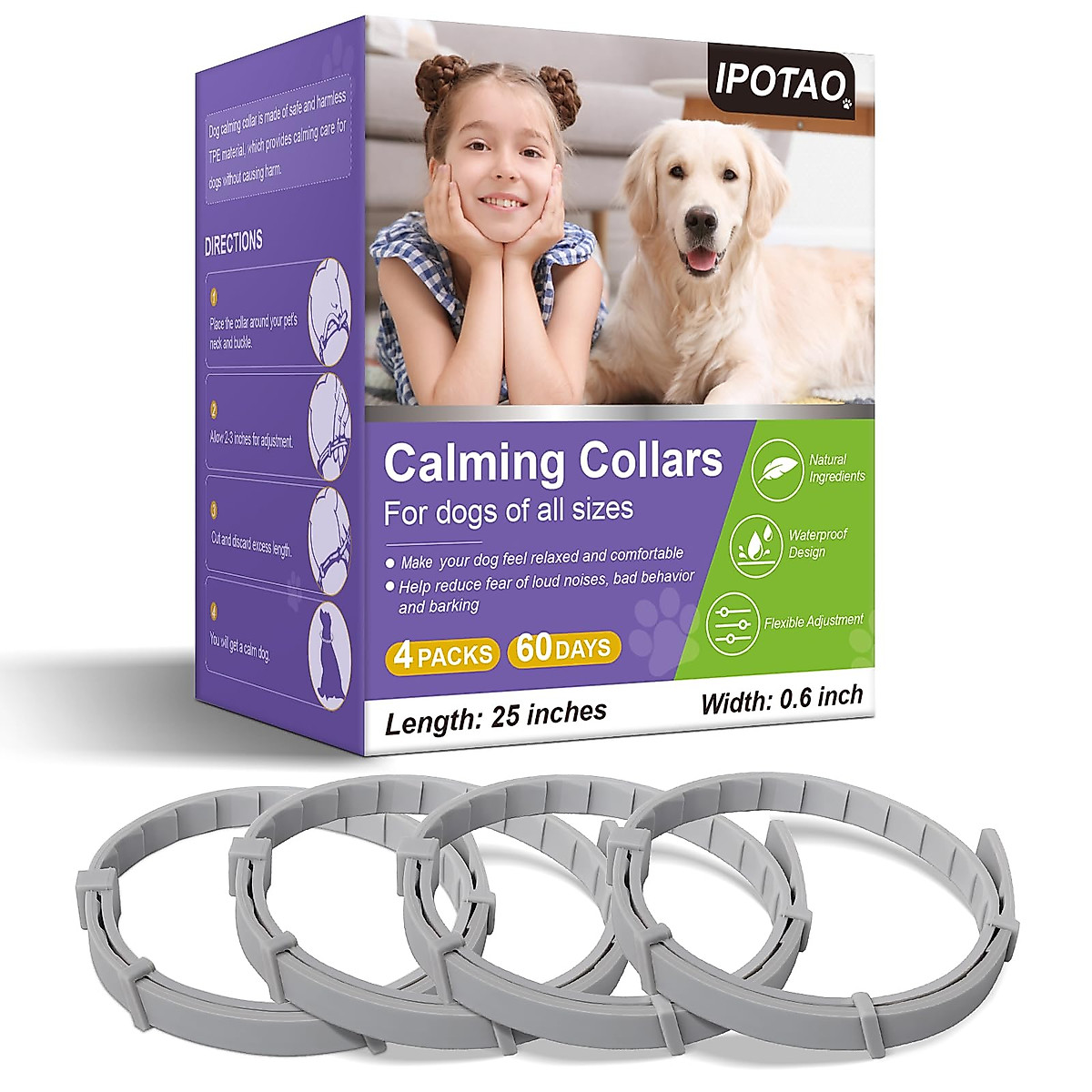 IPOTAO Relief Anxiety Stress Separation, Calming Collar for Dogs, Pheromones Calm Lasts 60 Days, Relieve Bad Behavior, Adjustable Fit All Small Medium and Large Dog Pheromone Collars, White