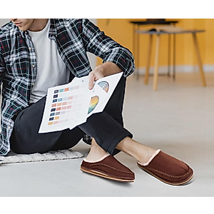 KuaiLu Mens Slippers with Orthotic Arch Support Suede Faux Fur Fluff Plush Wool-like Warm House Shoes Comfortable Slip-on Bedroom Indoor Outdoor Clogs Slippers for Man, Size Brown 11