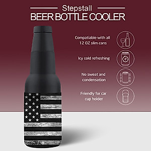 Stepstall Can Cooler Beer Bottle Holder with Beer Opener, 4-in-1 Design Slim Can Beer Bottle Insulators, Double Walled Stainless Steel Insulated, 12 OZ Beer Gifts for Men Father(Black American Flag)