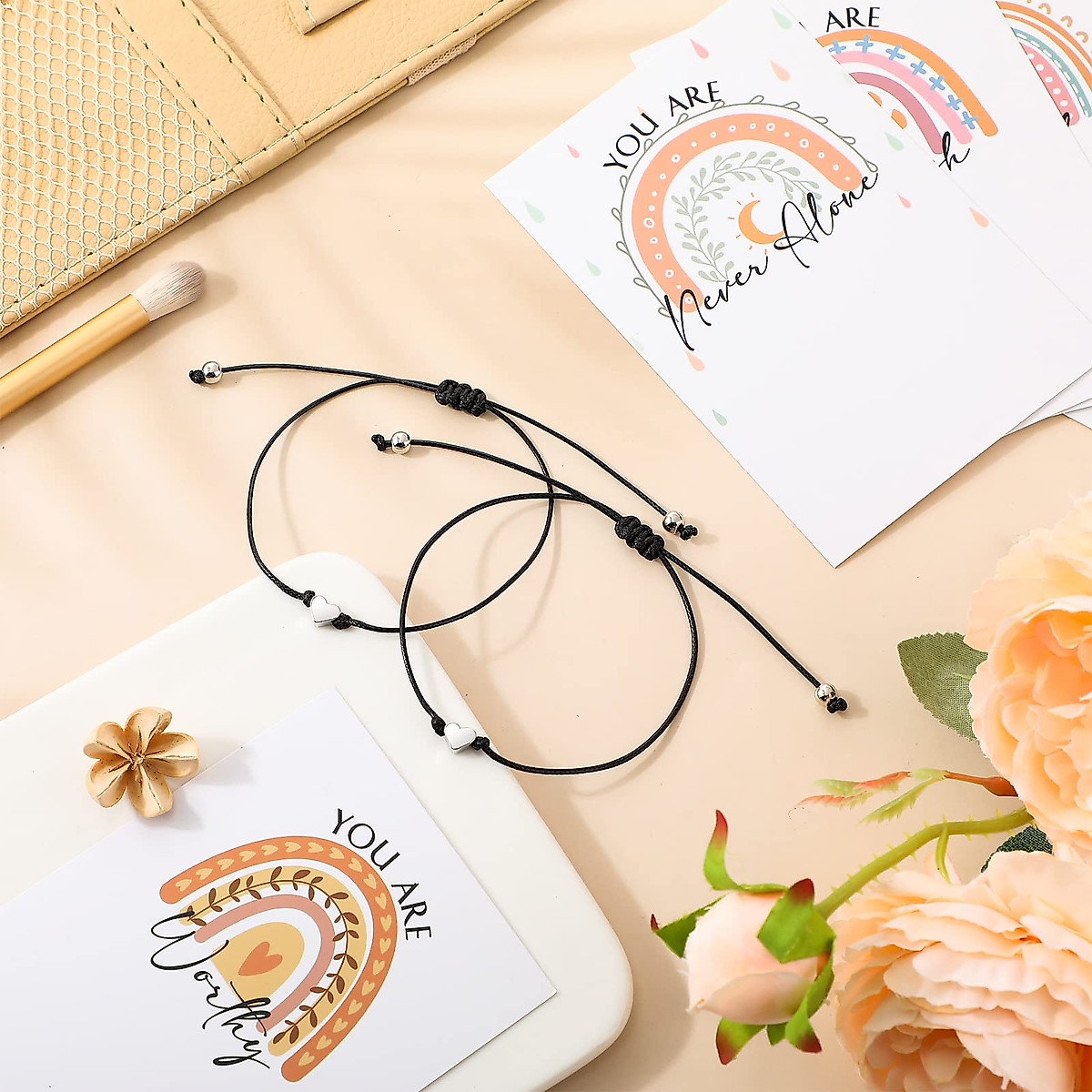 Fumete 20 Sets Inspirational Encouragement Gifts Bulk Employee Appreciation Gift for Women Heart String Bracelets with Cards Bags for Female Coworker Friend(Black)