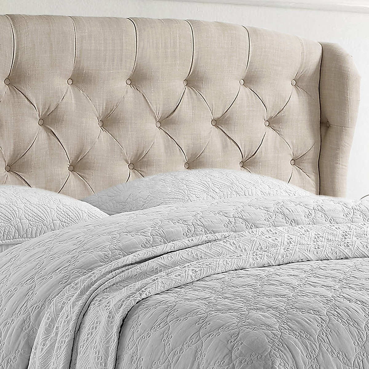 Rosevera Issac Bed with Signature Design Adjustable Headboard and Button Tufting Bed Frame,Queen,Classic Beige