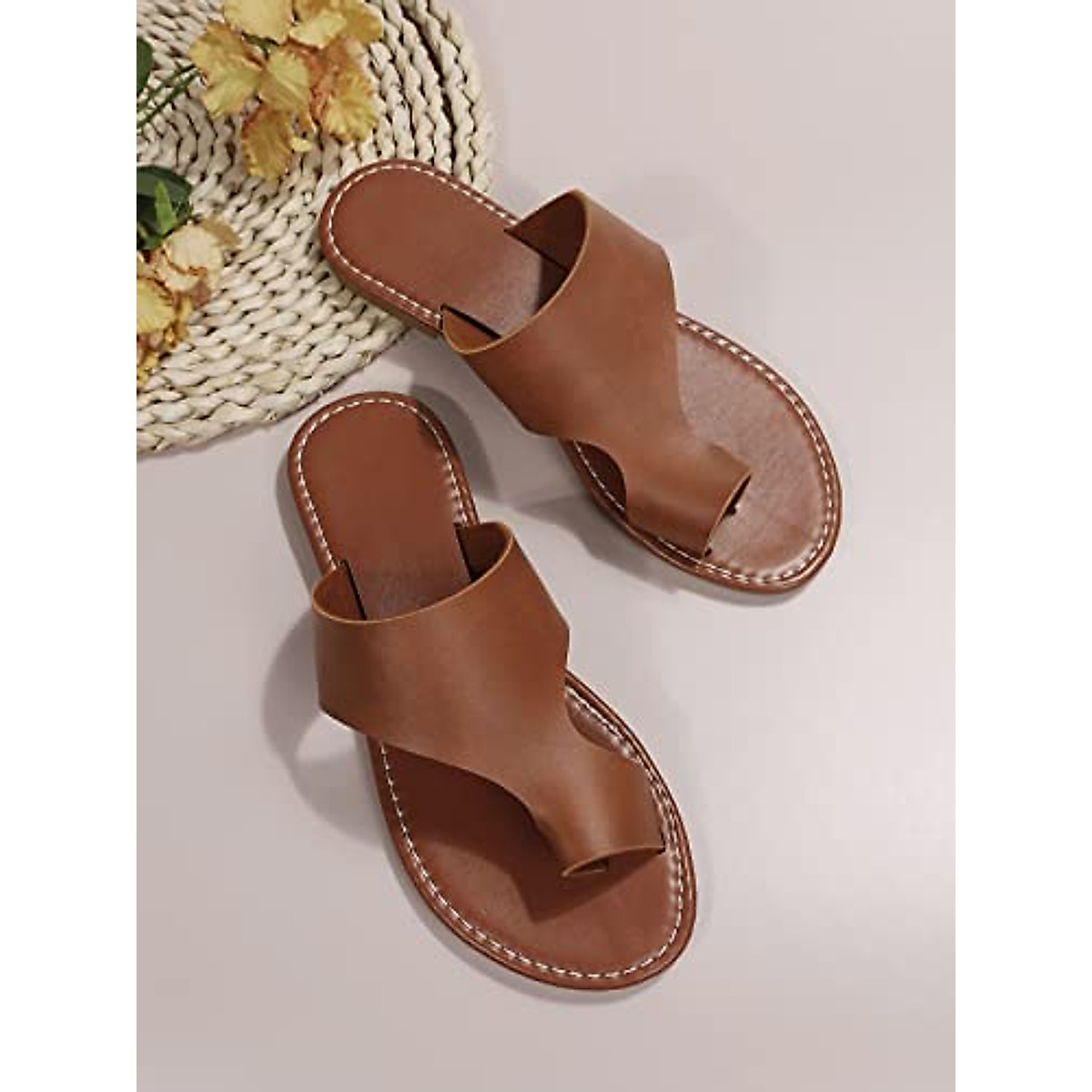 GORGLITTER Open Toe Flat Sandals Single Band Toe Ring Thong Sandals Flip Flops Brown EUR38