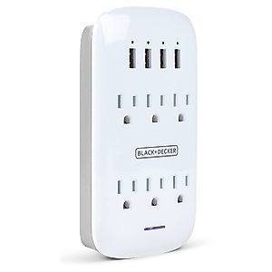 BLACK+DECKER Surge Protector Wall Mount with 6 Grounded Outlets, 4 USB Charging Ports, Sleek Power Adapter Tap and USB Wall Charger with Indicator Light, Auto Shutdown - 3-Prong Power Outlet Plug