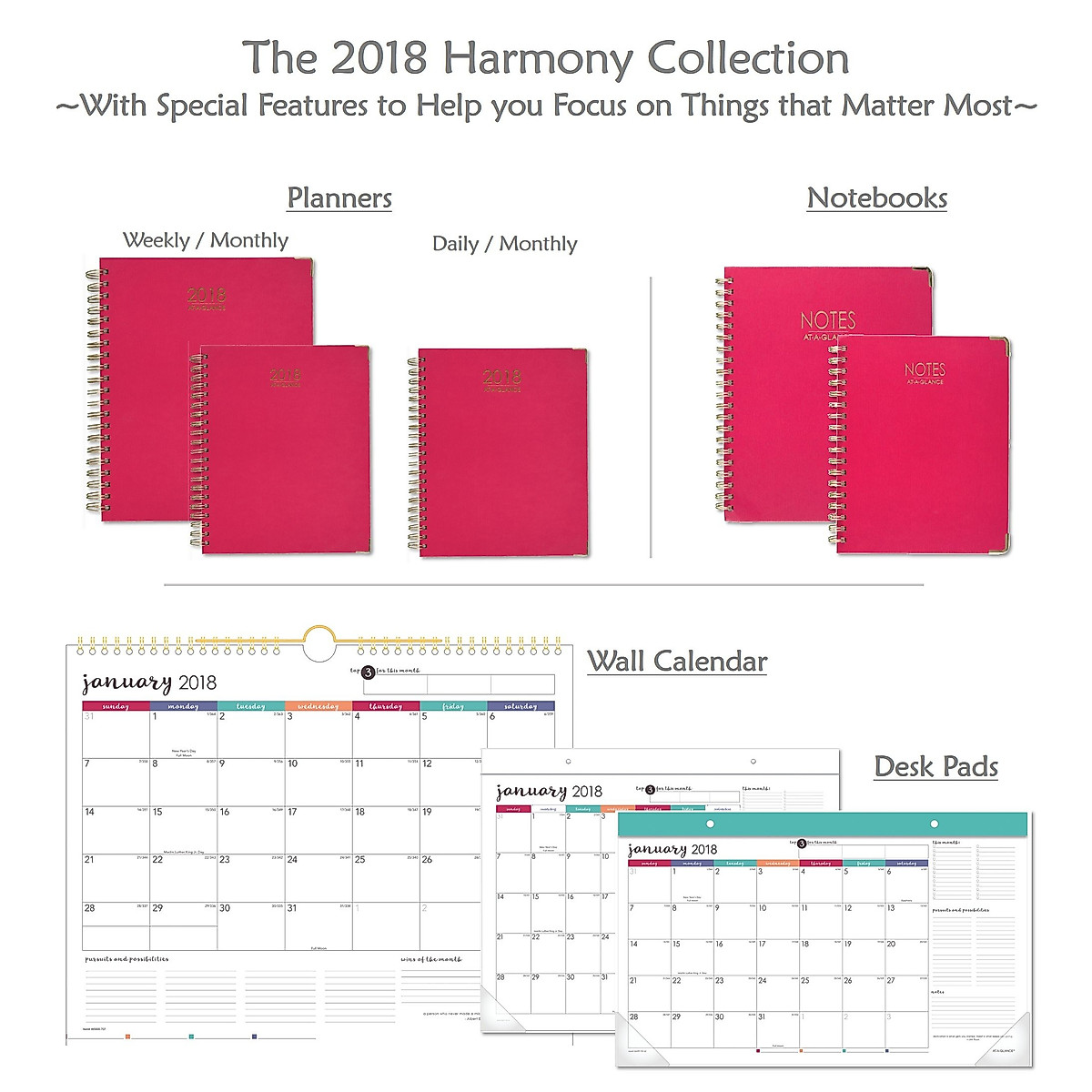 AT-A-GLANCE Notebook, 6-1/2" x 9-1/2", Ruled, 80 Sheets, Harmony Collection, Track Goals and Wins, Pink (6099-406-27)