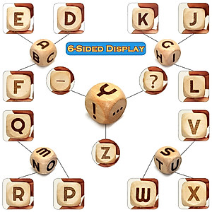 20MM Creative Wooden Letter Dice Set, 5 Pieces Laser Engraved A-Z Pattern Cube Rolling Dices for Party Game