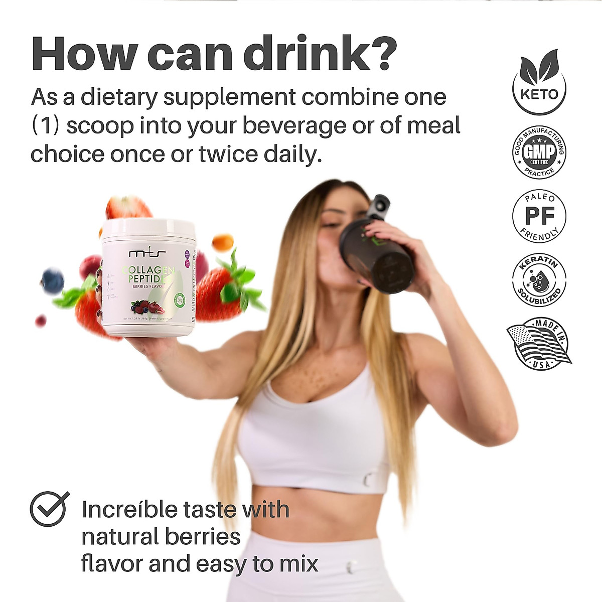 M+S Collagen Peptides Powder with Vitamin C and Hyaluronic Acid, Improves Elasticity, Hair, Skin, Nails and Joint – Sugar Free, 1.29 Lb (Berries Flavor)