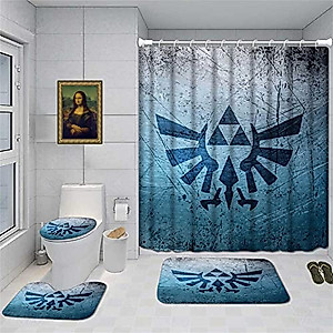4 Piece The Legend of Shower Curtain Sets with Zelda 12 Hooks,Bathroom Decor Sets,Bath Mat and Toilet Mat Lid Rug Accessories Print,Waterproof(72x72 Inch)