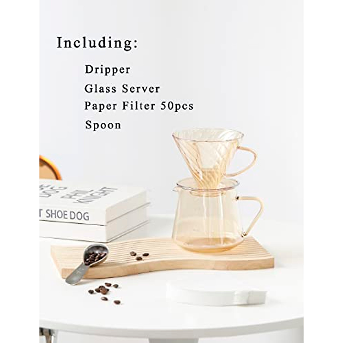 Pour Over Coffee Maker Set with Glass Dripper, 600ml 20oz V60 Coffee Server Pot, 50 Paper Filter and Spoon, Gift Kit for Coffee Lover