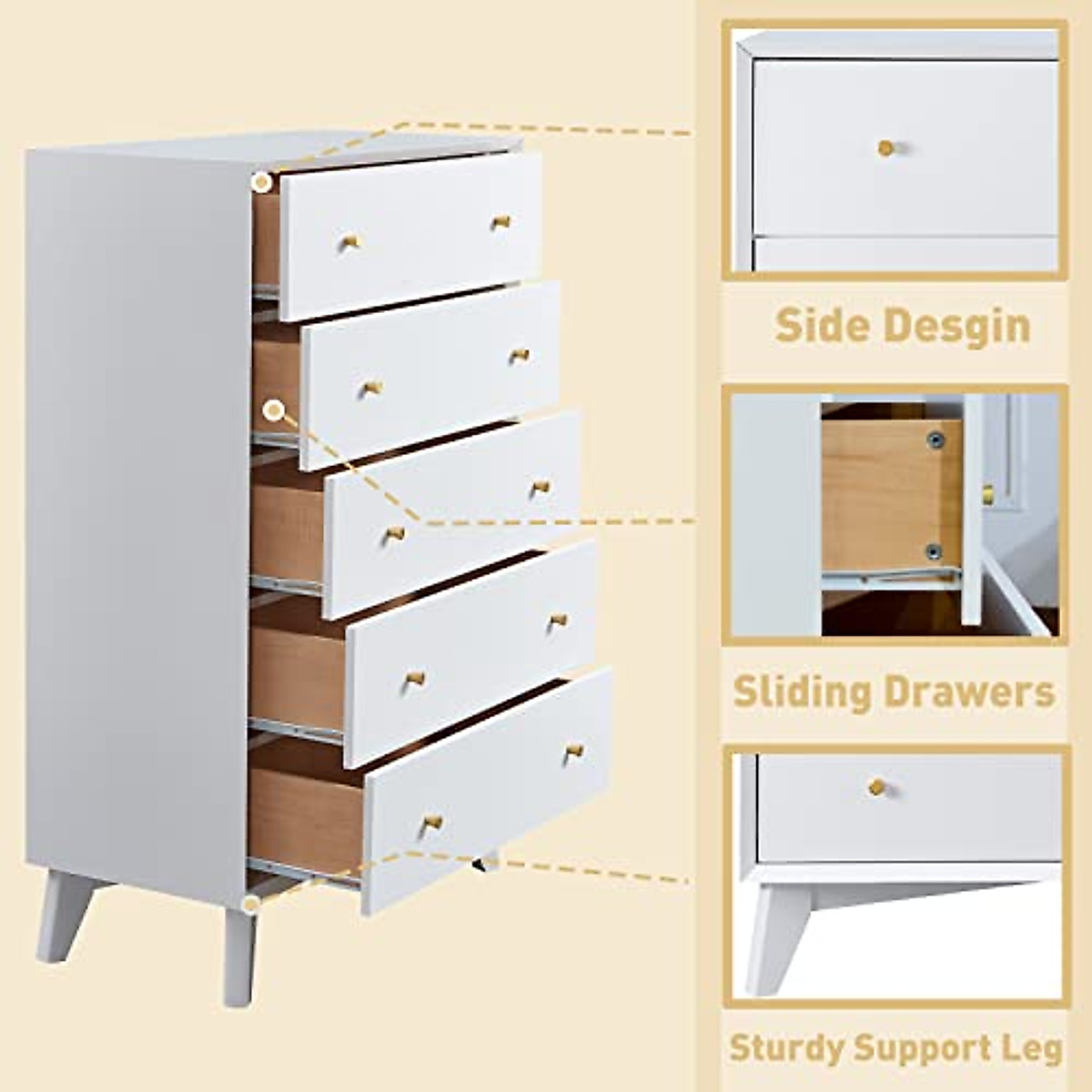 T4TREAM 5 Drawer Dresser for Bedroom, 48" Tall Mid-Century Modern Chest of Drawers, Beveled Profile Design, Wood Drawer Organizer for Bedroom, Living Room, Hallway and Entryway, Solid White