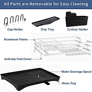 Aluminum Dish Drying Rack, ROTTOGOON Rustproof Dish Rack and Drainboard Set with Drainage, Utensil Holder, Cup Holder, Compact Dish Drainer for Kitchen Counter Cabinet, 16.5"L x 11.8"W, Black & Silver