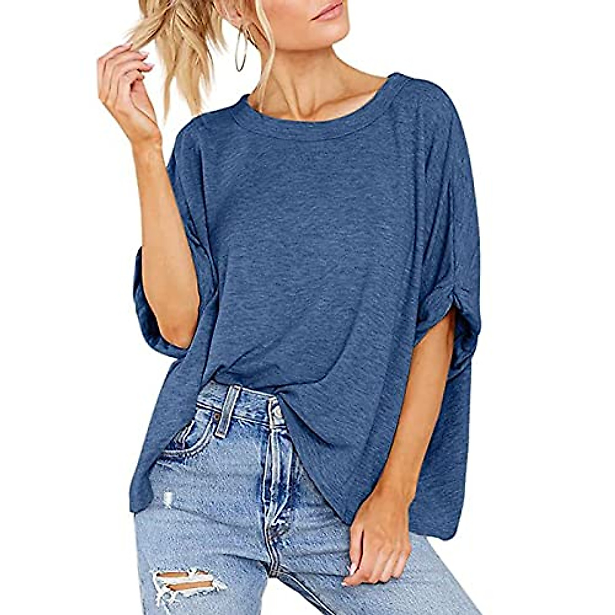 DASAYO Women Plus Size Tshirts Tops Crew Neck Solid Half Sleeve Shirt Tunic Comfy Casual Summer Plain Loose Blouse T Shirts