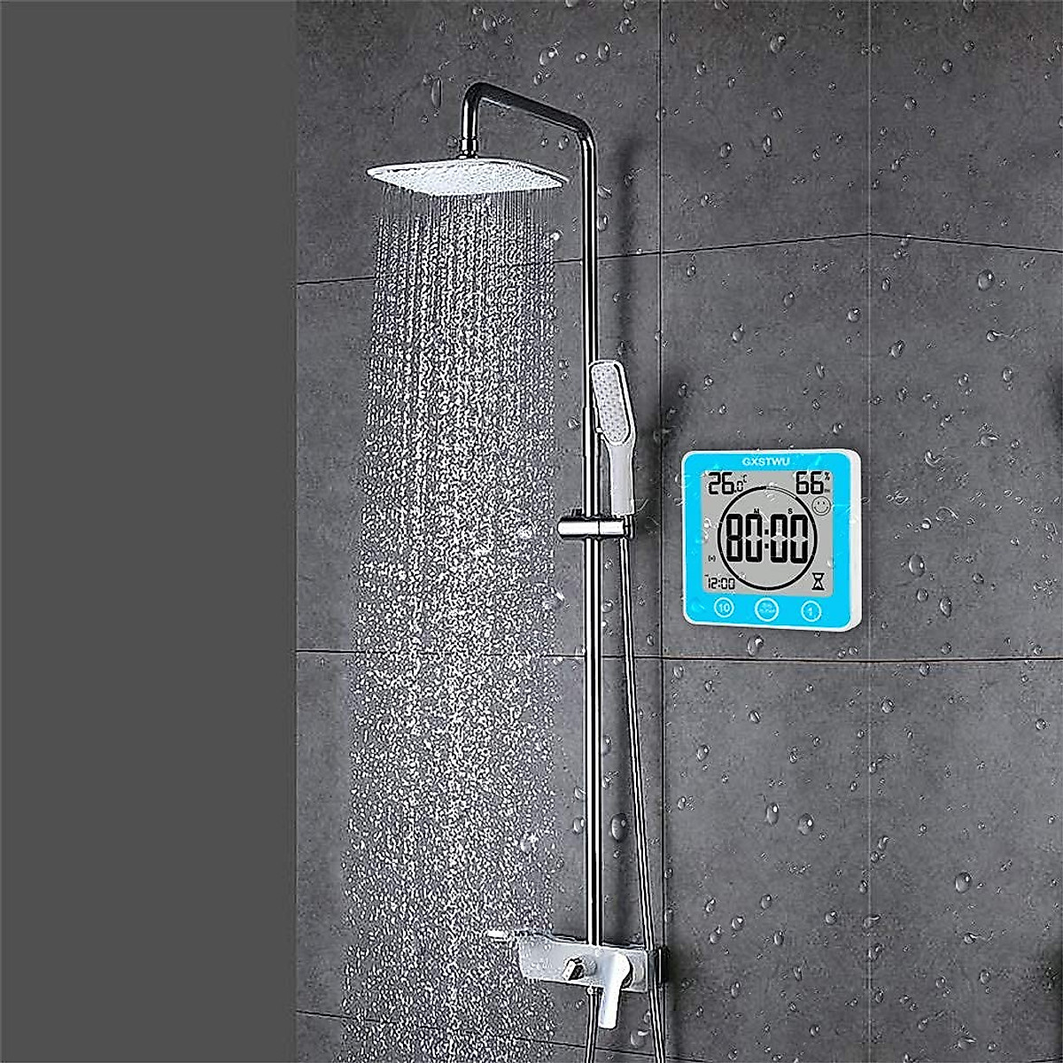 GXSTWU Digital Timer Shower Clock Waterproof【Waterproof for Water Spray】 with Alarm, Bathroom Kitchen Wall Clock, Touch Screen Timer, Thermometer Hygrometer Suction Cup Hanging Hole Stand Magnet Blue