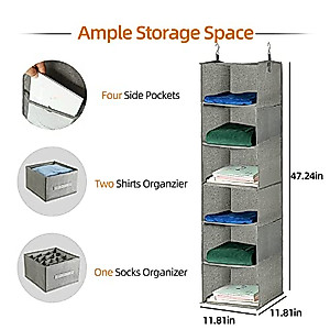 Rumia Hanging Closet Organizer and Storage,Detachable 6-Layer Handing Shelves with 3 Drawers,2x3 Layer Closet Shelves with 4 Side Pockets for Wardrobe,Nursery,Baby Clothes Organization and Storage