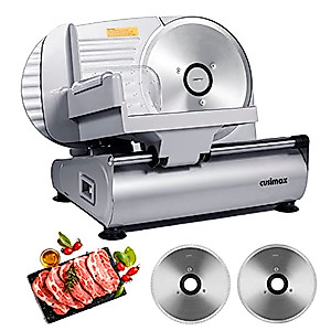 Meat Slicer, CUSIMAX Electric Deli Food Slicer with Two 7.5'Removable Stainless Steel Blades and Pusher, Cheese Fruit Vegetable Bread Cutter, Adjustable Knob for Thickness, Food Carriage