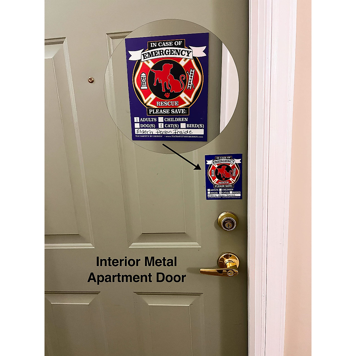 TLC Safety By Design Fire Rescue 4.25" x 5.5" Magnet Safety Alert Emergency Children Adults Pet Dog Cat for Steel Magnetic Exterior Apartment Doors