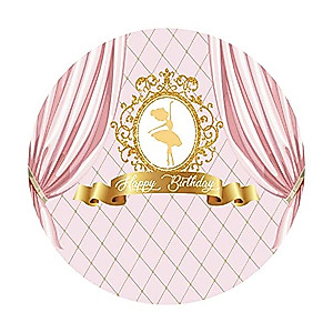 Leyiyi 6.5x6.5ft Ballerina Happy Birthday Round Backdrop Pink and Gold Ballet Girl Curtain Princess 1st Birthday Party Decor Banner Tutu Ballerina Birthday Party Baby Shower Cake Table Supplies