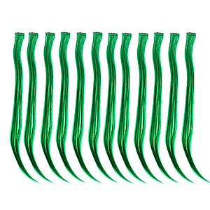 SWACC 12 Pcs Straight One Color Party Highlights Clip on in Hair Extensions Colored Hair Streak Synthetic Hairpieces (Green)