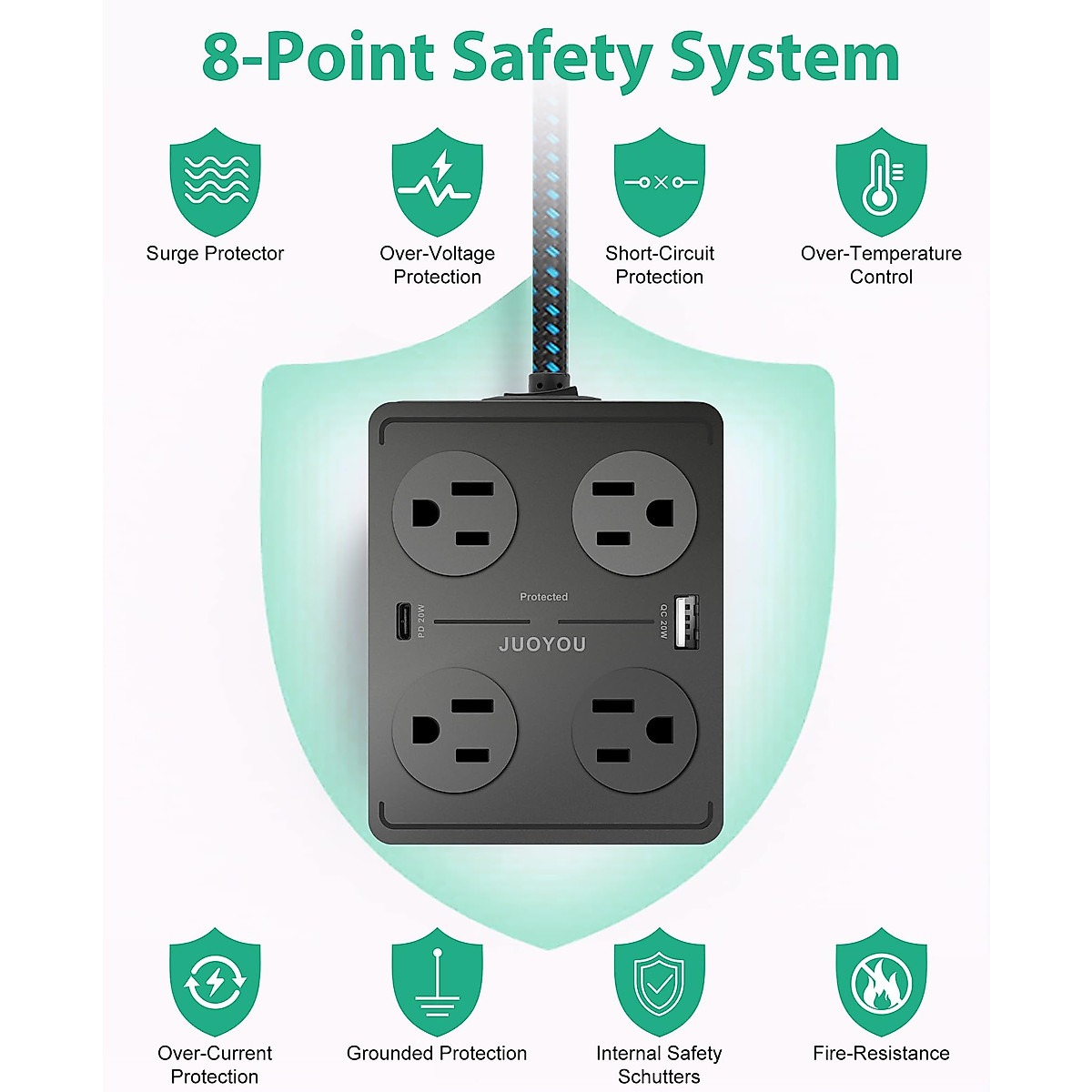 JUOYOU Power Strip Surge Protector - 8 Widely Spaced Outlets with 6 USB Ports(USB C 20W & USB A 20W), 3 Side Outlet Extender with Flat Plug Extension Cord 5 ft