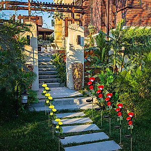 IRmm Outdoor Solar Garden Flower Lights, 2 Pack LED Solar Powered Flowers Lights with 6 Roses, Waterproof Solar Garden Stake Lights for Garden, Patio, Yard, Pathway Decoration (Red+Yellow)