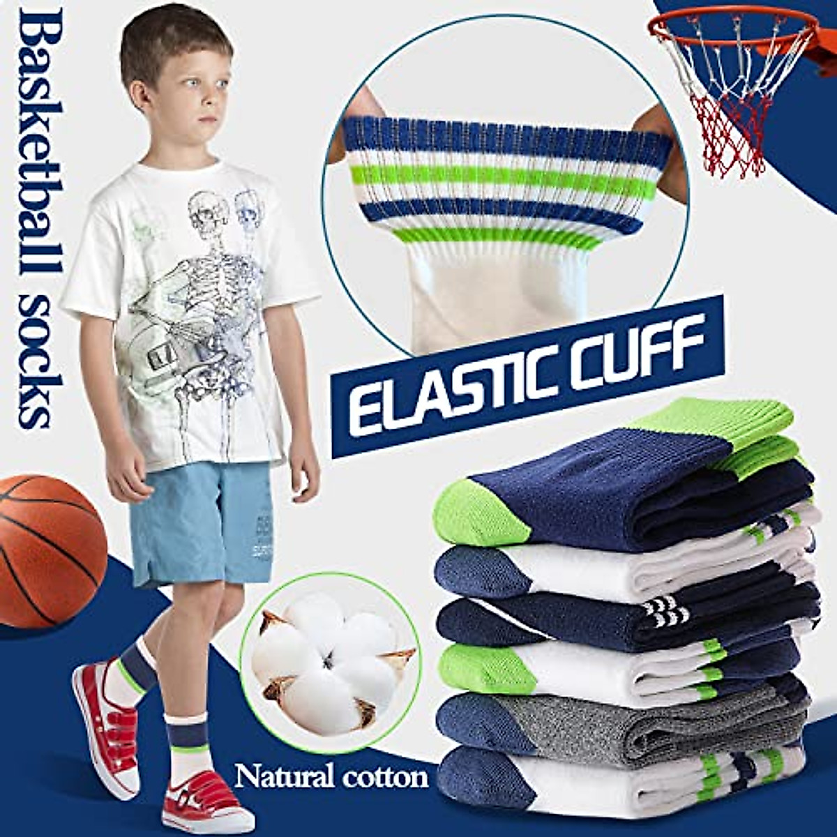 Welwoos Kids Boys Socks Athletic Sport Crew Cotton Breathable Soft Gift Socks 6 Pairs Stocking Stuffers (Splice/Green/White,9-15Y)