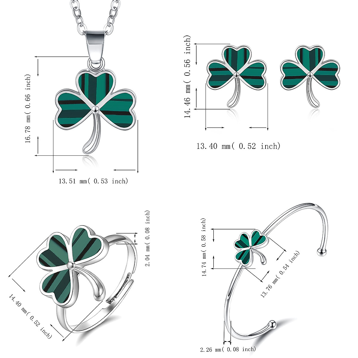 Shamrock St. Patrick's Day Necklace Earrings Ring Bracelet Jewelry Set Green Three Leaf Heart Clover Jewelry Gift for Women (Silver)