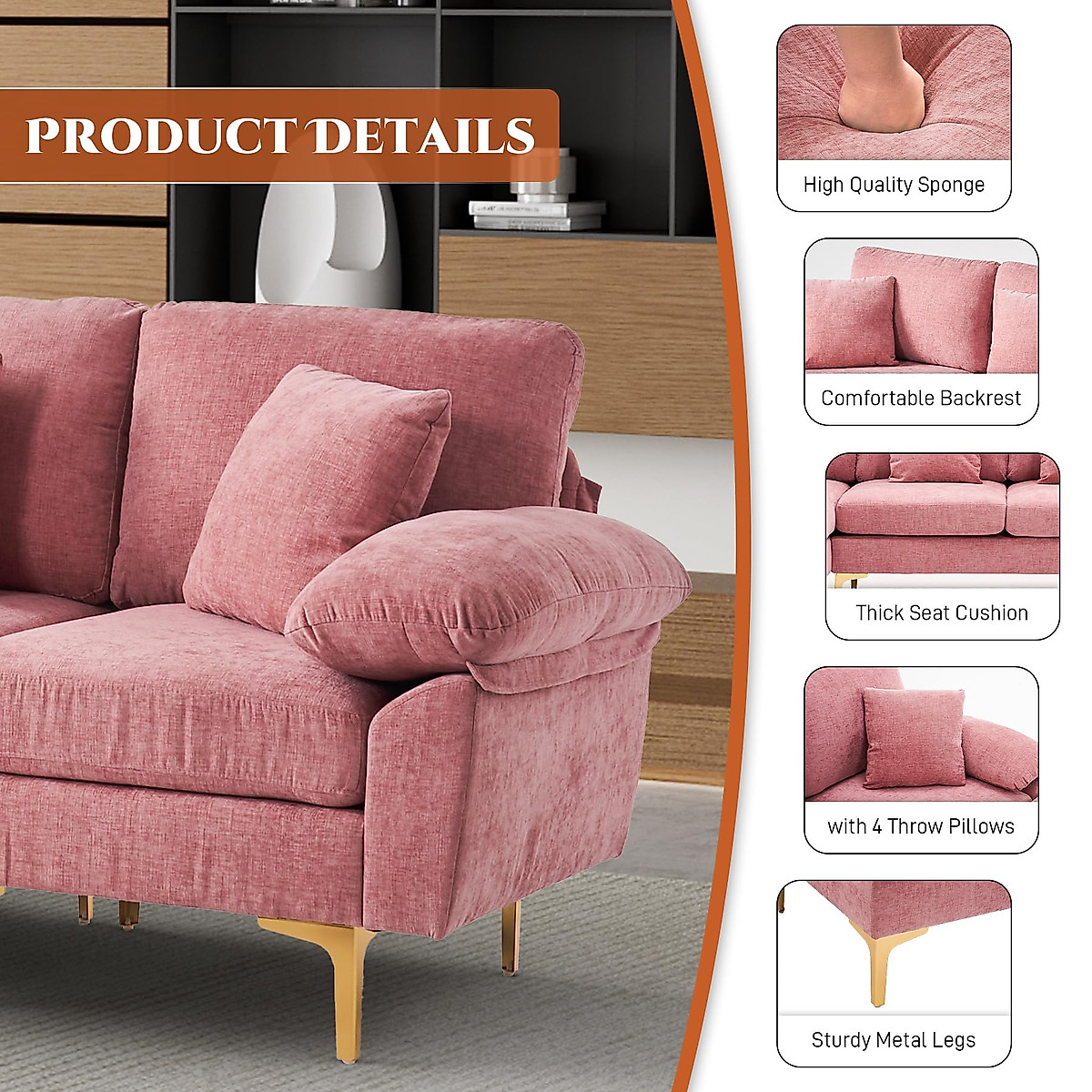 OUYESSIR U-Shaped Sectional Sofa for Living Room, 4 Seat Sofa Set Convertible L-Shaped Couch Set with Chaise Lounge, Ottoman and Pillows,114 inches, Light Pink Chenille