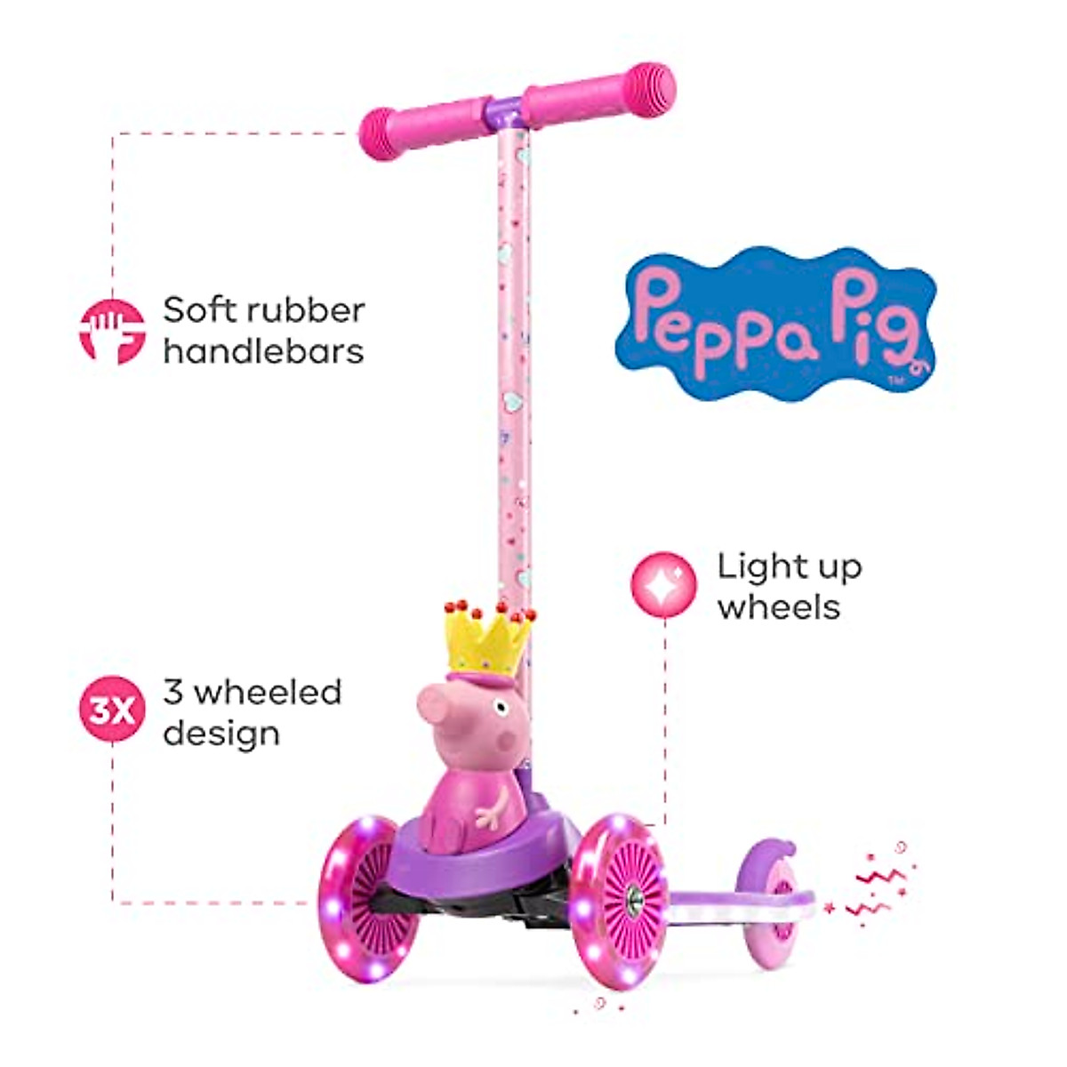Peppa Pig Kick Scooter for Kids, Self-Balancing 3 Wheeled Light Up Scooter with Extra Wide Anti-Slip Deck, Rear Brake, Lean to Steer, Lightweight Design, for Kids 3 and up, 75 LB Limit