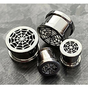 Lobal Domination PAIR of Spider Web Screw Fit Steel Tunnels Spiderweb Ear Plugs - 2g thru 1" (2g (6mm))
