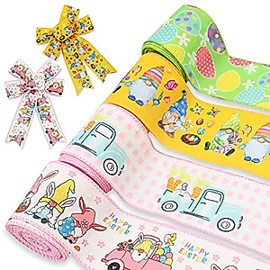 Easter Wired Edge Ribbon, 2.5 Inch x 26 Yards Easter Eggs Printed Ribbon Easter Truck Bunny Gnome Fabric Ribbons for Easter Wrapping Wreath Party Decoration DIY Craft Supplies