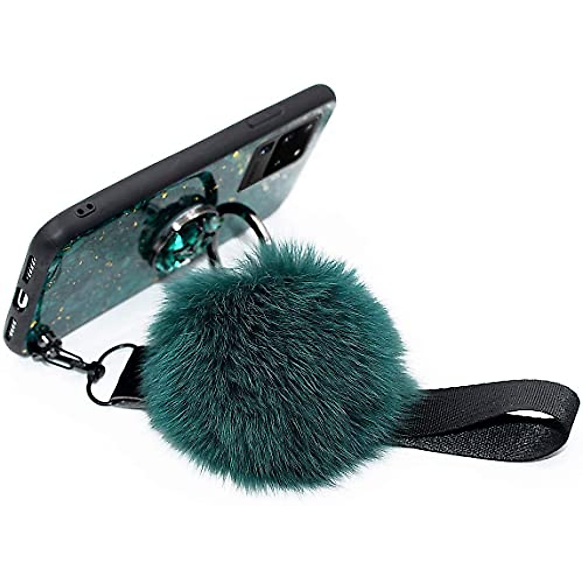 for Samsung Galaxy A13 5G Case for Women with Ring Stand,Luxury Glitter Sparkle Marble Design with Cute Fluffy Ball Wrist Strap,Bling Rhinestone Hard Back Soft TPU Bumper Girly Cover for Samsung A13