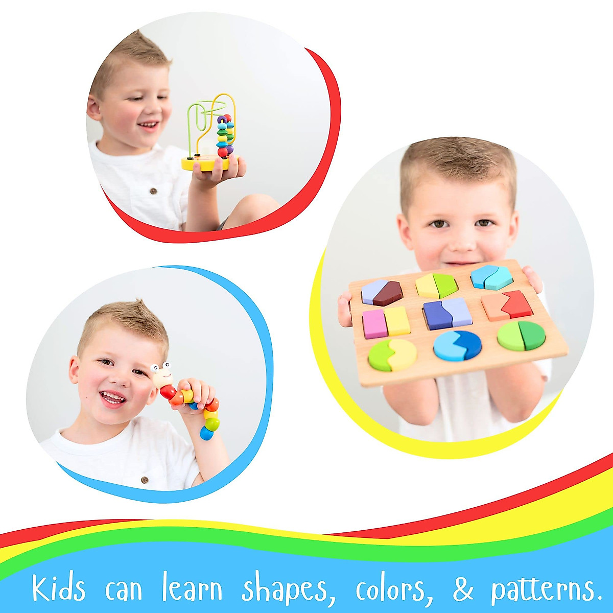 LMC Products Variety Pack of 6 Wooden Toys - Toys for Toddlers 3 Year Old & Up, Stacking & Lacing Toys, Fine Motor Skills Toys, Bead Maze, Educational Shape Puzzle