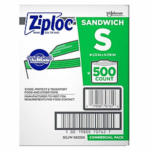 Ziploc 682255 Resealable Sandwich Bags, 1.2mil, 6 1/2 x 6, Clear, Box of 500