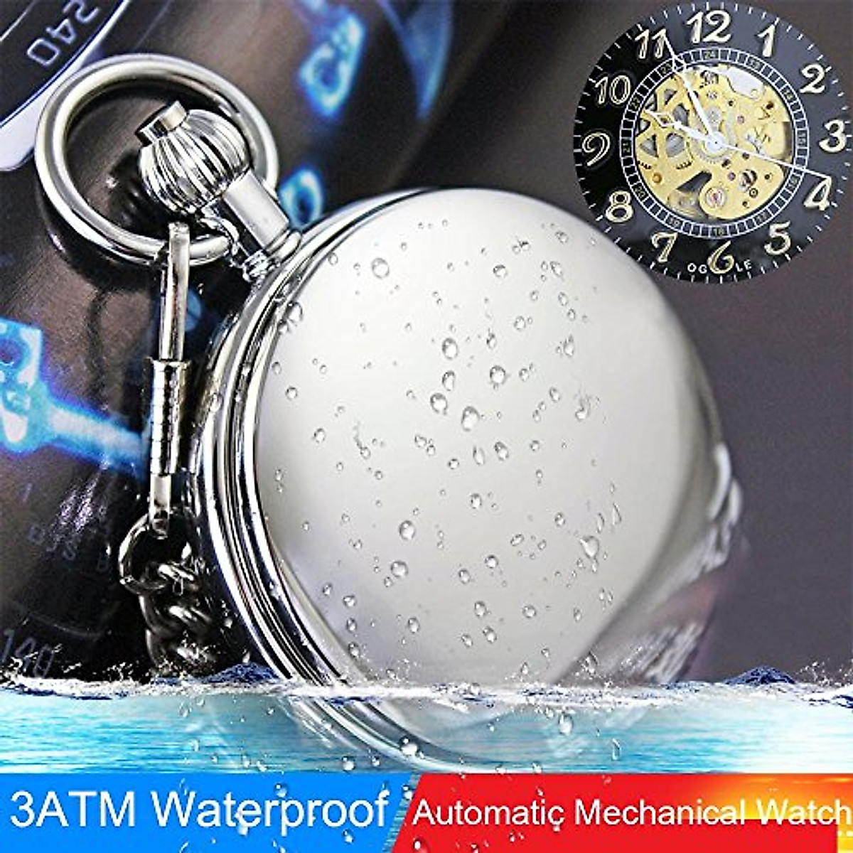 OGLE Vintage Waterproof Mirror Chain Black Fob Self Winding Automatic Skeleton Mechanical Waterproof Pocket Watch