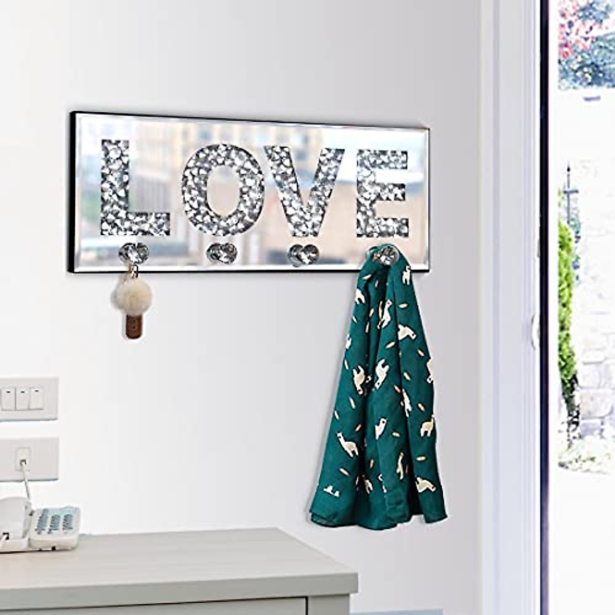 Crush Diamond Mirrored Love Letter Plaque Sign for Wall Decor, Crystal Clear Hooks Key Holder Key Hanger, Silver Mirror Decoration Wall Art, Wall Mounted Home Decor 15"×5.9"×1.6"