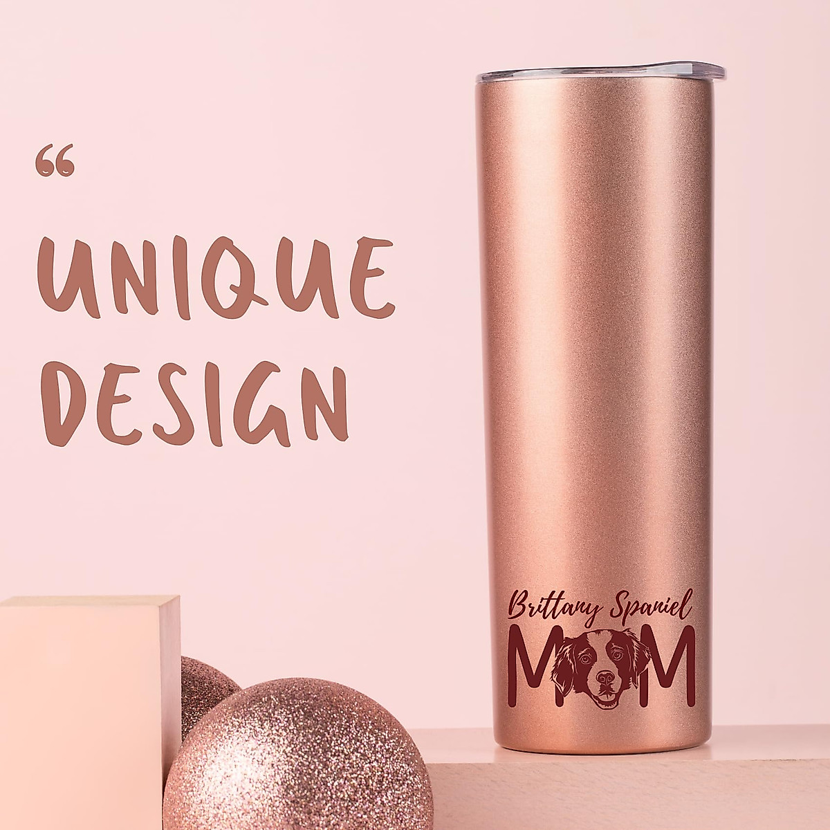 Onebttl Brittany Spaniel Gifts for Brittany Mom, Brittany Dog Design, Dog Mom Gifts, 20oz Stainless Steel Insulated Skinny Tumbler with Lid & Straw, Rose Gold - Brittany Mom