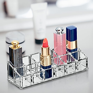 Amazing Abby - Glamour - 12-Slot Acrylic Lipstick Organizer, Lipstick Holder, Lip Gloss Holder, Cosmetic Storage Display, Perfect Storage Solution for Drawer and Vanity (Slot Size: 0.9" x 0.9")