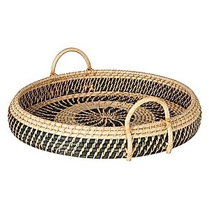 Round Rattan Serving and Breakfast Tray, Natural-Black