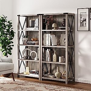 AMERLIFE 4-Tier Bookshelf, Set of 2 Tall Industrial Book Shelf, Rustic Wood & Metal X Frame Farmhouse Bookcase & Bookshelves, for Living Room, Bedroom, Grey Wash
