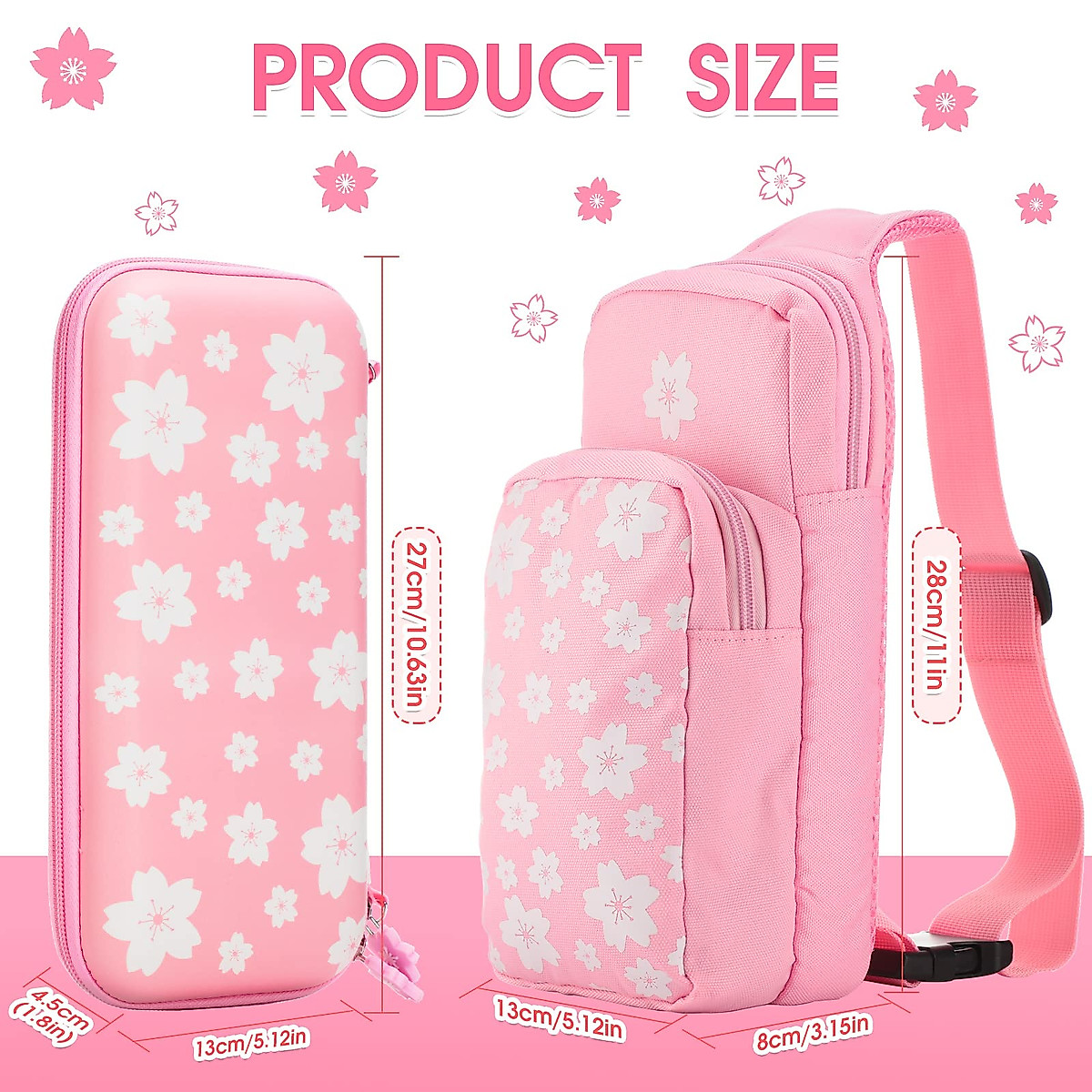Weewooday Carrying Case Compatible with Nintendo Switch, Switch Lite, Switch Accessories, Cute Pink Case Shoulder Bag Sakura Portable Shoulder Crossbody Sling Carrying Storage Bag, 2 Pcs