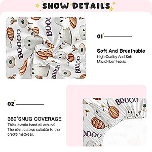 Mazeann Ghosts Pumpkins Halloween Crib Sheets Soft Breathable Fitted Baby Playard Sheets Mattress Cover for Girl Boys, 39" x 27" x 5"