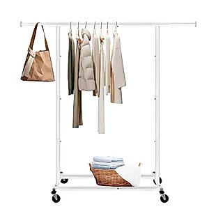 Fishat Freestanding Heavy Duty Metal Clothing Garment Rack Hanging Clothes on Lockable Wheels Mobile for Coats Dresses, Dorm Bedroom Home Balcony, Rolling Organizer Simple Standard Rod Portable, White