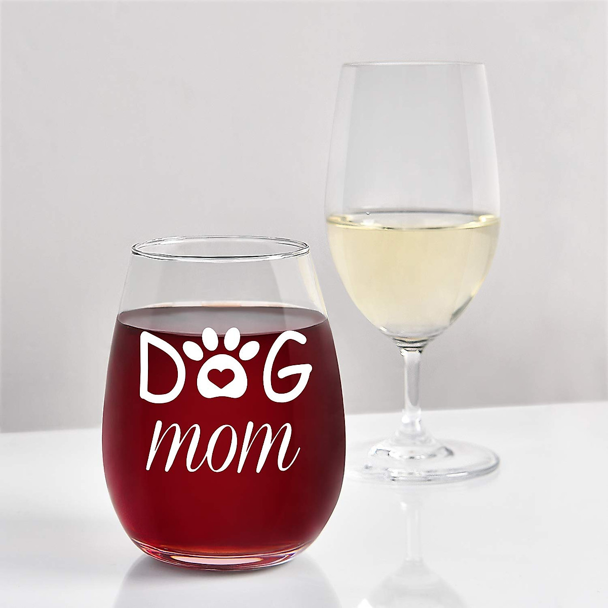 Dog Mom Funny Stemless Wine Glass 15Oz for Women, Dog Lover, Mom, Mother, Wife from Daughter Son Husband