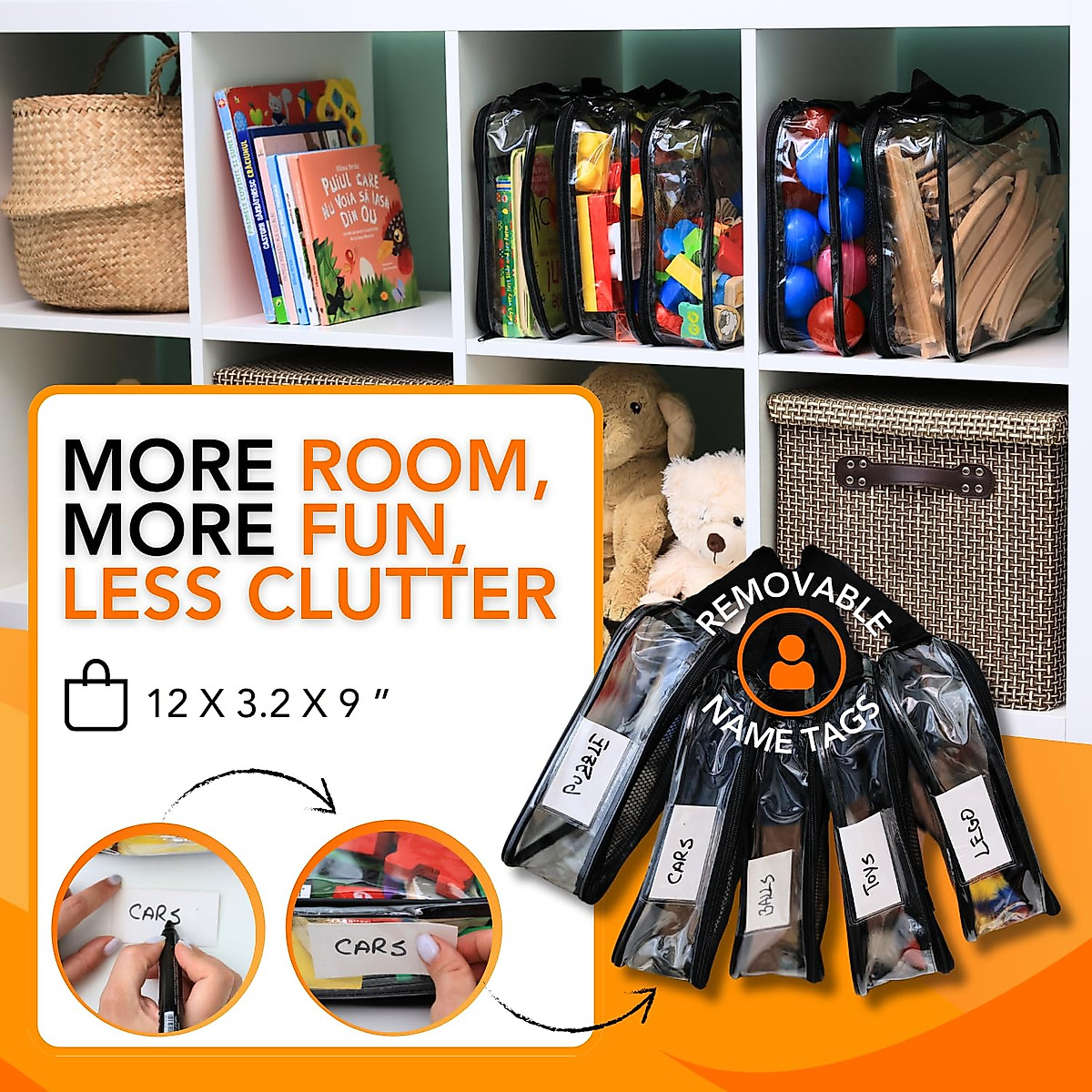 BEEBIJI Kids Toy Storage Organizer Set of 5 – 12" x 9.5" Durable PVC Storage Bag Organizer for Building Blocks, Toys – Toy Organizers and Storage Clear Storage Bags with Removable Name Tags