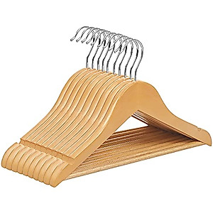 SONGMICS Kids Wooden Hangers 10 Pack, Solid Wood Baby Hangers, Children's Coat Hangers with Pants Bar, Shoulder Notches, Swivel Hooks, 12.6 x 7.5 Inches, Natural and Silver UCRW006N10
