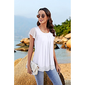 KOAIZ Rufful Short Sleeve Tops for Women Casual Mesh Tunic Double Layers Stretchy Shirts Summer Cute Tops for Women Holiday Blouse Dressy White XL