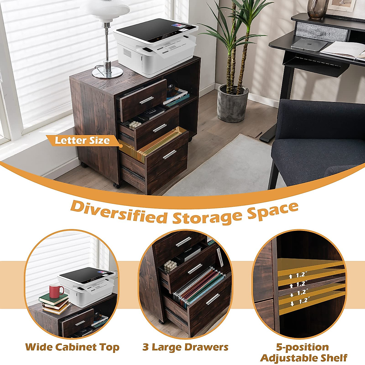 Giantex 3-Drawer Lateral File Cabinet - Mobile Rolling Printer Stand with 2 Open Storage Shelves, Hanging Bar for Letter Size Files, Filing Cabinet Under Desk on Wheels for Home & Office Organization