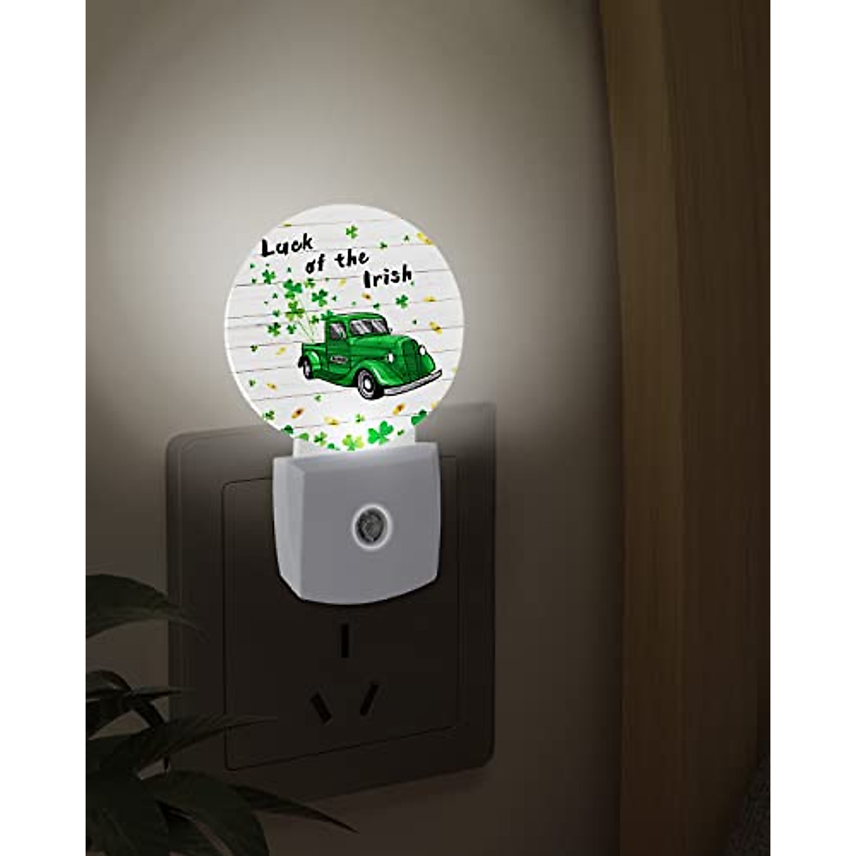 St. Patrick's Day Shamrock Night Lights Plug into Wall, Green Truck Gold Coins Auto Round LED Lights with Dusk to Dawn Sensor for Bedroom, Bathroom, Hallway, Kitchen, Kids, Home Decor
