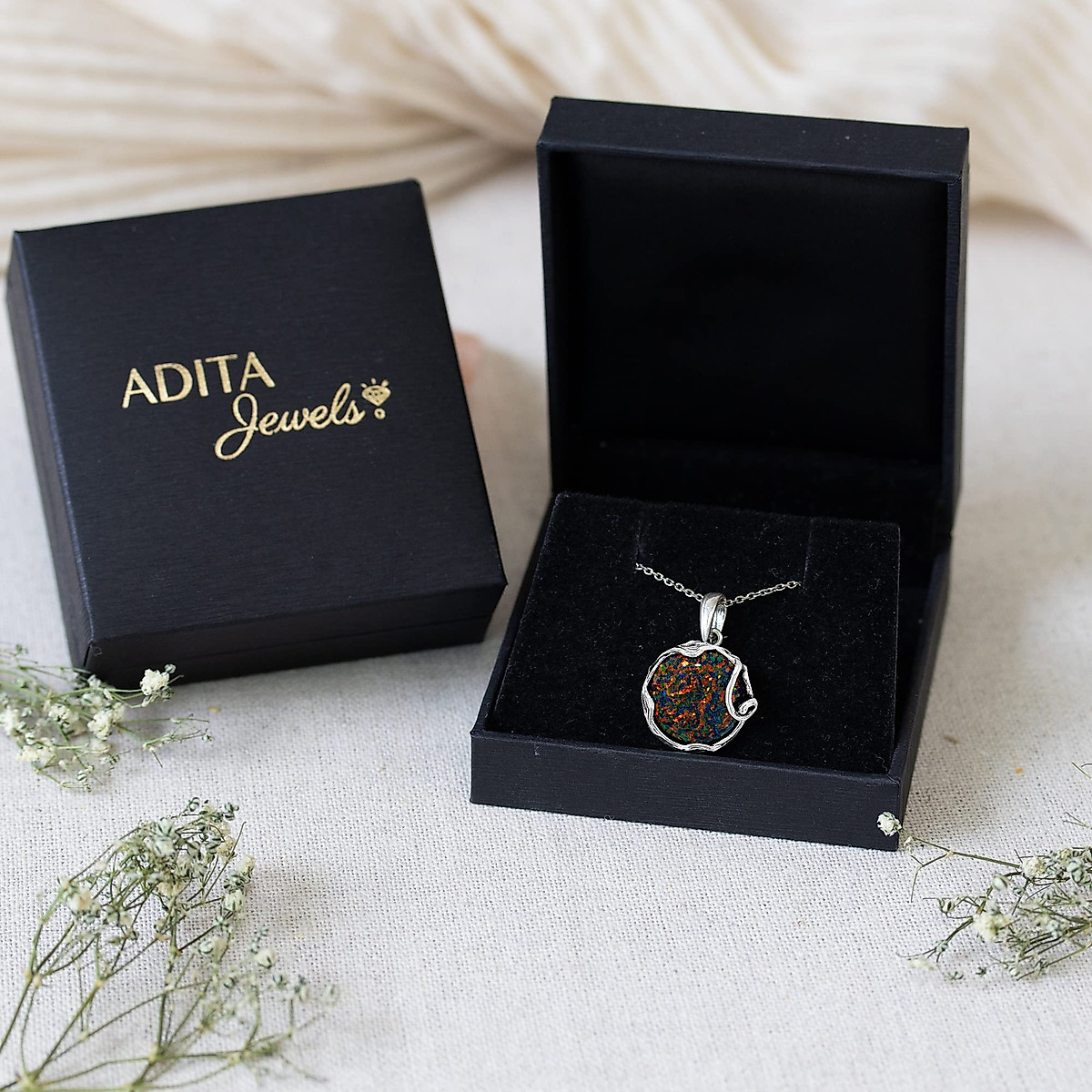 925 Sterling Silver Black Fire Opal Vintage Style Large Pendant; Libra October Birthstone; Dainty Black Stone Pendant; Handmade Antique Style Black Opal Necklace For Classy Women