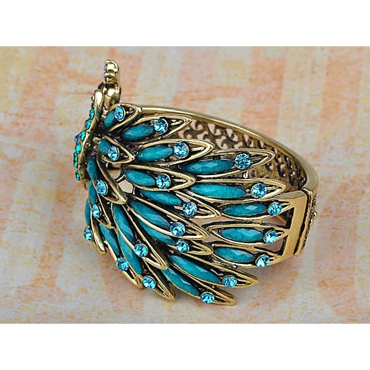 Alilang Womens Antique Golden Tone Peacock Bracelet Bangle With Turquoise Blue Gems, Blue